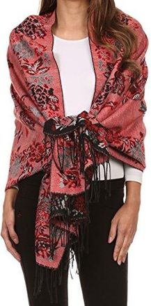 Sakkas CHS1810 Ontario Pashmina/Châle/Pèlerine/Étole Floral double couche avec bordure - 2-Noir Rouge - One Size