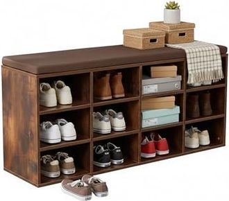 Relaxdays Schuhbank, Sitzkissen & 12 F&auml;cher, Flur, Garderobe, Schlafzimmer, Schuhregal, Schuhaufbewahrung, Dunkelbraun