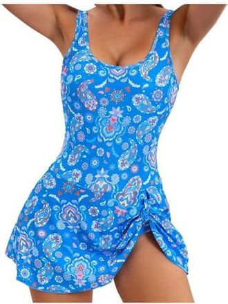 Generic Maillot De Bain Femme 1 Pieces Ventre Plat,Maillot De Bain Femme Sexy Push Up Maillot de Bain Jupette Col en V Rembourr&eacute; Swimwear avec Jupe &agrave; Cordon d