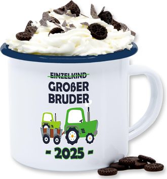 Shirtracer Emaille Tasse Blechtasse - Tassen - Einzelkind Großer Bruder 2025 Traktor - 300 ml - Weiß Blau - big brother 2023 becher große brüder groser kaffeetas