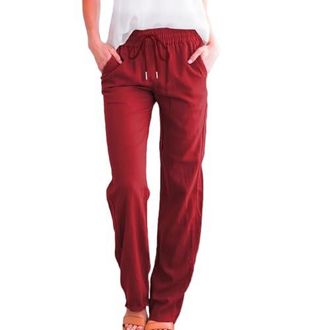 Generic Pantalon en lin pour femme - Coupe droite - Taille haute - Cordon de serrage - Coupe ample - Avec poches lat&eacute;rales, Rouge, XXL