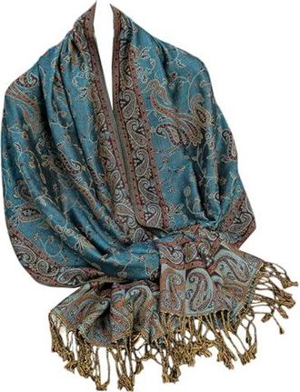 GFM Écharpe douce style pashmina à motifs floraux cachemire (Pash-023), Turquoise foncé, L