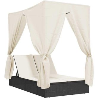 vidaXL Vidaxl - Chaise longue double avec toit et rideaux noir r&eacute;sine tress&eacute;e