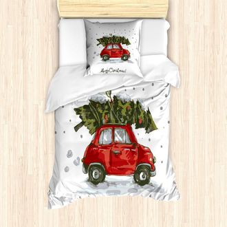 Abakuhaus Weihnachten Bettbezug Set, Retro-Auto mit Baum, Milbensicher Allergiker geeignet mit Kissenbezügen, 135 cm x 200 cm - 80 x 80 cm,Rot Grün