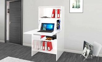 Dmora Schreibtisch mit versteckter Platte, Made in Italy, Schrank mit Regalen und Arbeitsplatte, Platzsparender Kleiderschrank, cm 70x35h140, Farbe Wei&szlig; gl&auml;