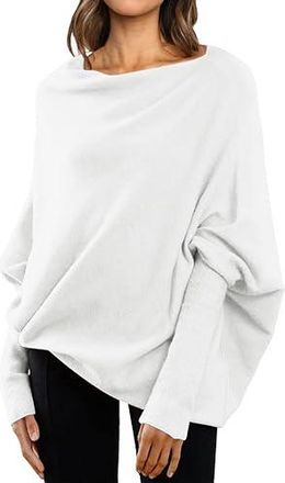 Generic Pull pour femme - Manches chauve-souris - &Eacute;paules d&eacute;nud&eacute;es - Asym&eacute;trique - Drap&eacute; - Pull ample en tricot - Doux et l&eacute;ger - Confortable - Pour lautomne 