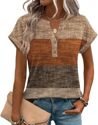 Generic T-shirt d&eacute;contract&eacute; &agrave; col en V pour femme, motif botanique &eacute;l&eacute;gant, col en V, imprim&eacute; p&eacute;tale, manches courtes, t-shirt d&eacute;t&eacute; classique ample, marron, S