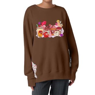 Generic Sweat &agrave; capuche &agrave; manches longues et col rond avec imprim&eacute; floral brod&eacute; sur le c&ocirc;t&eacute; pour femmes (5), marron, XL