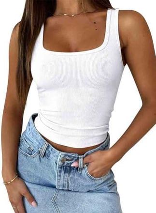 Onsoyours Débardeur pour Femme Crop Top Sexy Tank Tops Sans Manches Haut à Col Carré/en U Basique Haut Été A Blanc M