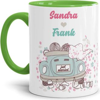 Tassendruck Tasse zur Hochzeit PERSONALISIERT mit Wunschnamen - Just Married - Hochzeitsgeschenk/Erinnerung Hochzeitstag - Innen & Henkel Hellgrün