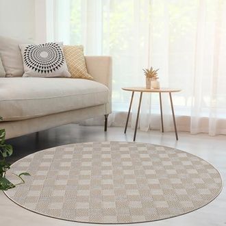 Paco Home Tapis Int&eacute;rieur & Ext&eacute;rieur Balcon Terrasse Cuisine Motif Ethnique Boho Moderne, Dimension:120 cm Rond, Couleur:Beige 8