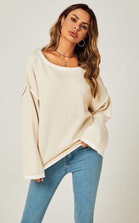 FS Collection Strickpullover Trendiges Oversize Pullovertop Pulloveroberteil - Damen Strick (Einheitsgr&ouml;&szlig;e: UK 8-16 / EU 36-44, 4 Farben: Marineblau, Beige, Schwarz