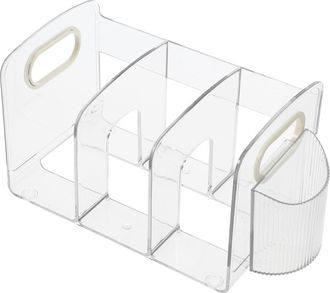 NUOBESTY Multifunktionaler Acryl Buchhalter mit F&auml;chern und Stifthalter Transparenter Desktop Organizer f&uuml;r B&uuml;cher Akten und Dokumente Platzsparender Schreibti