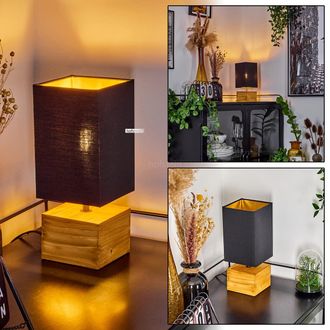 HOFSTEIN Tischleuchte Geneva, Nachttischlampe, Holz/Stoff in Natur/Schwarz/Goldfarben, Tischlampe 1-flammig im skandinavischen Design, E14, Länge 12,5 cm, Leuc