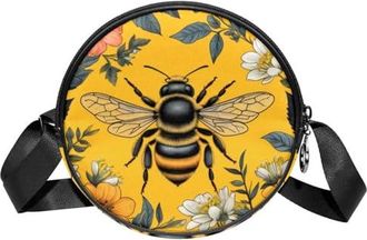 Generic Sac &agrave; bandouli&egrave;re rond pour femme, motif fleurs dabeilles, petit sac &agrave; dos &agrave; bandouli&egrave;re avec fermeture &eacute;clair, bretelles r&eacute;glables, sac &agrave; main rond d
