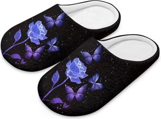 Coloranimal Pantoufles dint&eacute;rieur r&eacute;utilisables en coton pour femme - Pour chambre dinvit&eacute;s - Chaussures dint&eacute;rieur tendance &agrave; bout ferm&eacute;, Papillon bleu rose viol