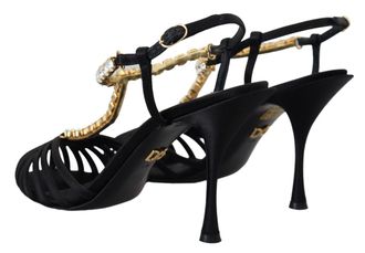 Dolce & Gabbana Womens Black Satin Clear Crystal T-Strap Sandal Shoes Silk