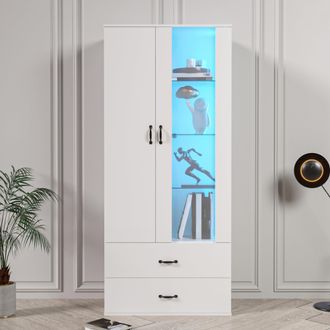 Generic Vitrine mit LED-Beleuchtung Standvitrine freistehend 2 Türen 2 Schubladen weiß Hochschrank Sideboard Mehrzweckschrank für Wohnzimmer Esszimmer Schlafz