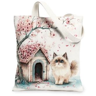 Generic Sac fourre-tout en toile motif chat ragdolls printanier 33 x 38,1 cm, sac &agrave; bandouli&egrave;re r&eacute;utilisable pour femme, chaton animal domestique, peinture ca
