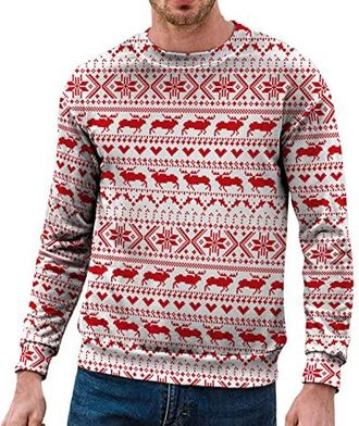 Generic Pull de Noël pour homme adulte Fair Isle imprimé renne de Noël 2025 col rond manches longues hiver automne pull tendance pour vacances, Blanc-1, XXL