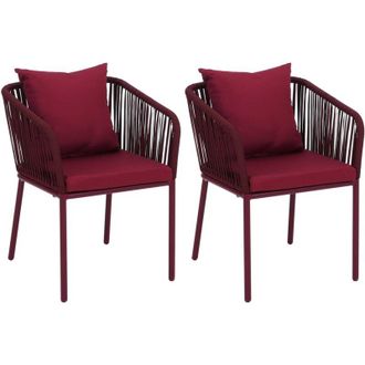 Hhg 2er-Set Gartenstuhl HHG-616, Outdoor Armlehne, wetterfest Aluminium Seilgeflecht Rope bordeaux, Kissen bordeaux