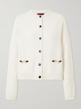 Gucci Cardigan Aus Einer Woll-kaschmirmischung Mit Lederbes&auml;tzen Und Horsebit-details - Wei&szlig;