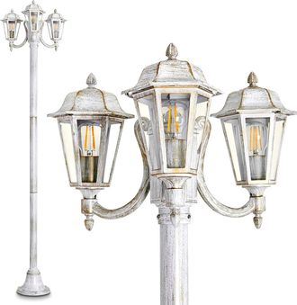 HOFSTEIN Außenleuchte NATAL, Kandelaber in antikem Look, Aluguß in Weiß/Gold mit Klarglas-Scheiben, 3-armige Wegeleuchte 210 cm, Retro/Vintage Gartenlampe, E27