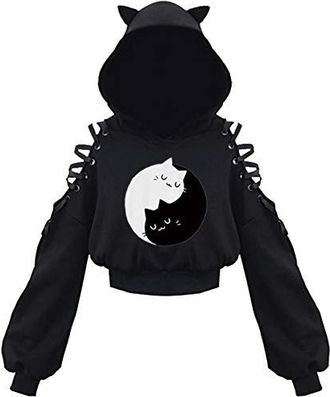EUDOLAH Sweat à Capuche Femme Epaules Dénudées Chats Oreille à Capuche avec Rubans Sweatshirt Noir (XXL,Noir Chat Taichi)
