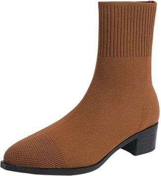 Generic Bottines courtes en tricot extensible pour femme - &Eacute;l&eacute;gantes - Couleur unie - Bout pointu - Respirantes - Talon &eacute;pais - Confortables - &Agrave; enfiler - Sty