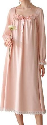 Minetom Femme Chemise de Nuit Longue L&acirc;che Dentelle Pyjama Casual Manches Longues Robe de Nuit Vintage V&ecirc;tements de Nuit J Rose M