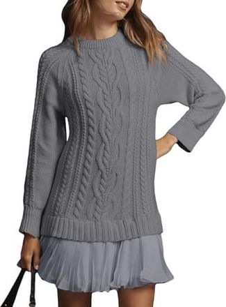 Generic Robe pull en laine tricot&eacute;e torsad&eacute;e pour femme - Mini mousseline de soie - Ourlet &agrave; volants - Manches longues - Col rond - Pour lhiver - Chaud - Pour