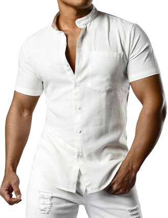 JOGAL Herren Leinenhemd Kurzarm Leinenshirt Regular Fit Sommerhemd Button Down Freizeithemd Weiß XX-Large