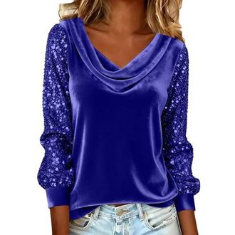 Generic Hauts &agrave; paillettes pour femme - Col b&eacute;nitier - Chemisier de f&ecirc;te scintillant - Haut &agrave; paillettes - Haut &agrave; manches longues - Grande taille - Pull pour 