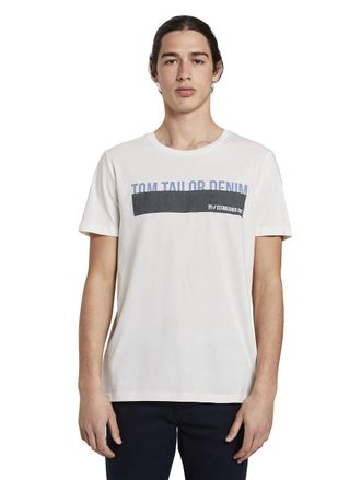 Tom Tailor Herren T-Shirt mit Print 1016303, 11186 - Blanc De Blanc White, XXL
