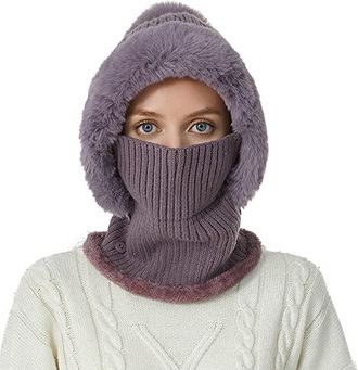 Generic Chapeau et col en tricot tendance et polyvalent pour femme avec oreilles chaudes pour entraînement par temps froid vie quotidienne, violet, M