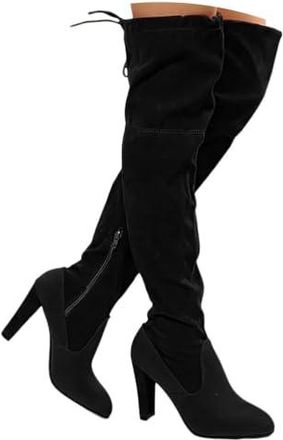 Onsoyours Botte Cuissarde Femme À Talon Bloc Bottes Hautes Lacet Botte Longue Daim Automne Hiver Boots Femme Sexy Cuissardes A Noir 40 EU