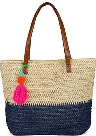 styleBREAKER Sac à bandoulière tressé pour femmes bicolore, sac de plage avec longues poignées, sac tressé, fermeture éclair 02012371, couleur:Beige-bleu foncé