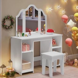 Woltu Coiffeuse pour Enfants avec Tabouret et Triple Miroir Amovible, Petite Table de Maquillage avec 4 Compartiments Ouverts, Étagères Réglables, pour Fill