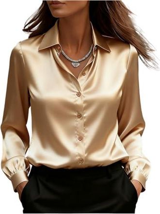 Generic Chemisier Femme Satin Soie Col en V Chemises Chic et &eacute;l&eacute;gant Manches Longues Hauts Chemise Ample &agrave; Manche Longue pour Le Travail et Le Bureau Vetement
