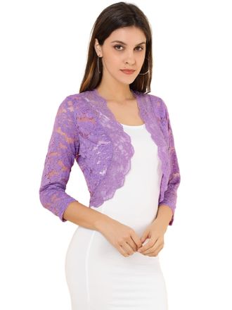 Allegra K Damen Spitzen Festlich Bolero 3/4 &Auml;rmel Hochzeit Strickjacke Vorne Offen Crop Cardigan Shrug Lila XL