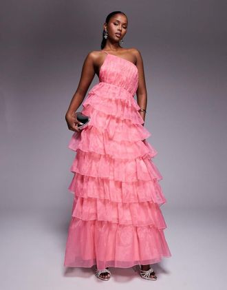 Asos Robe longue en organza &agrave; volants asym&eacute;triques - Rose