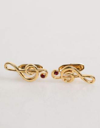 Dolce & Gabbana Gold Musical Note Metal Brass Pin Men Accessory Cufflinks Real Crystal