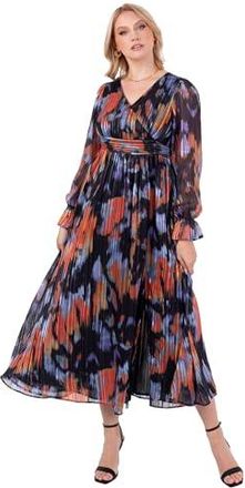 Lovedrobe Womens Midaxi Dress Ladies Ankle-Length Long Sleeve V-Neck Faux-Wrap Front Tie Belt Abstract Print A-Line Evening Party, Multi 42