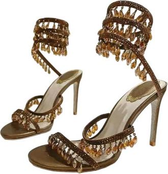 Generic YUJIEBB Sandales d&eacute;t&eacute; &agrave; talons hauts pour femme avec strass et perles de cheville serpent ficelle autour des chaussures de mariage sandales de gladiat