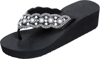 Frcolor Sandales &eacute;t&eacute; Femme avec Perles et Cristaux L&eacute;g&egrave;res et Antid&eacute;rapantes Chaussures de Plage Confortables pour Marche Noir