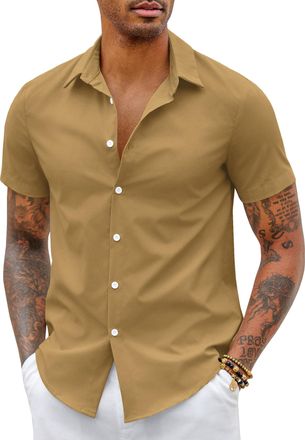 Coofandy Sommerhemd Herren Hemd Kurzarm B&uuml;gelfreie Hemden Business Hemd Freizeithemd Herrenhemd Kurzarm Sommer Slim Fit Casual Shirt Braun 3XL