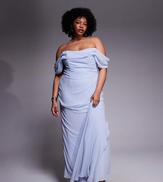 Asos Curve ASOS DESIGN Curve - Robe de demoiselle dhonneur en georgette avec encolure bardot - Bleu