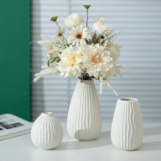 Nuptio Wei&szlig; Keramik Vase Dekor: Modern Gerippte Trockenblumen Vasen f&uuml;r Wohnzimmer Tischdeko - 20cm+16cm+11cm Boho Pampasgras Blumenvase f&uuml;r Fensterbank B&uuml;ch