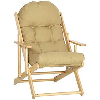 HOMCOM Fauteuil Chaise de Salon Pliable et inclinable en Bois Fauteuil Relax Confortable avec Coussin capitonn&eacute; &eacute;pais - 71 x 89 x 96 cm Marron Clair