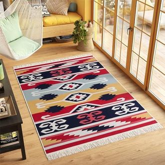 Tapiso Azteca Tapis en Coton &agrave; Franges Lavable R&eacute;versible Moderne Rouge Jaune Bleu Ethnique Tapis Salon Chambre Petit Tapis Tapis de Passage Oeko-TEX 60 x 11